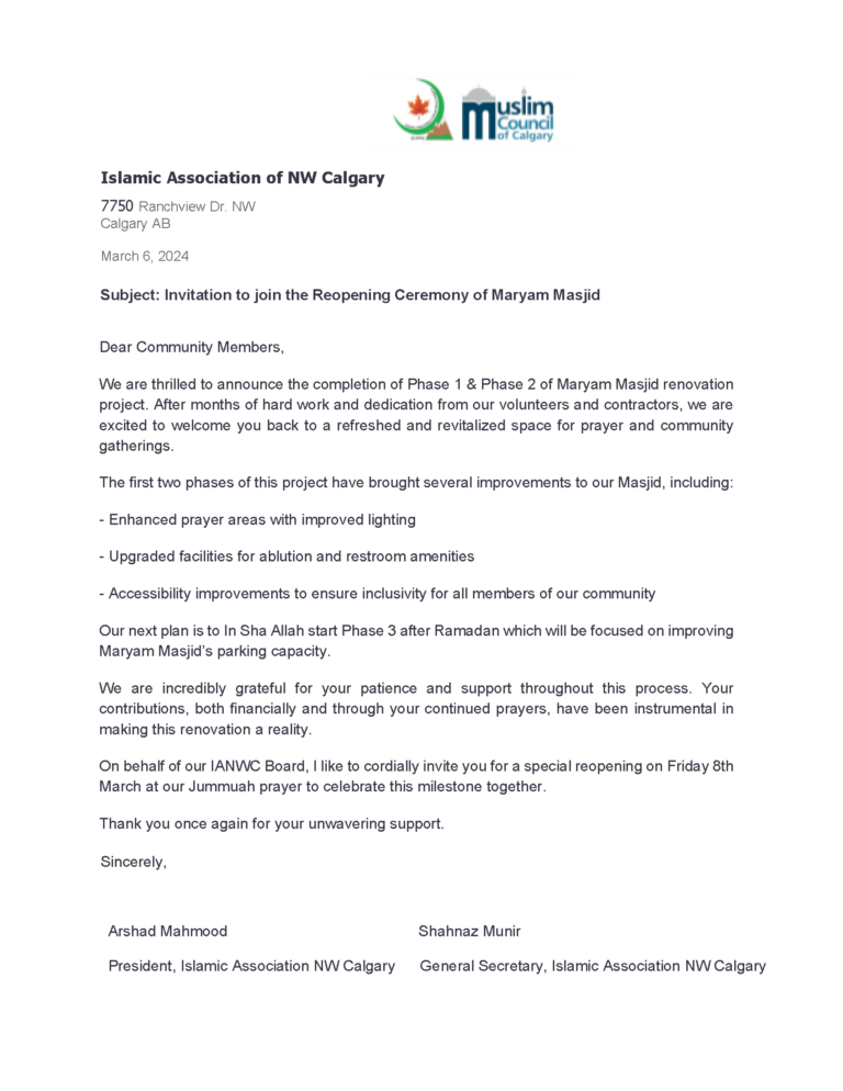 Letter Chairman of Board-Maryam Masjid Reopening – IANWC Letter Chairman of Board-Maryam Masjid Reopening – IANWC